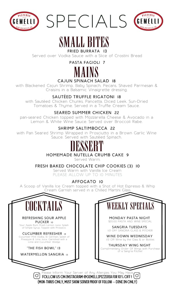 Menus | Gemelli Pizzeria in New Rochelle, NY