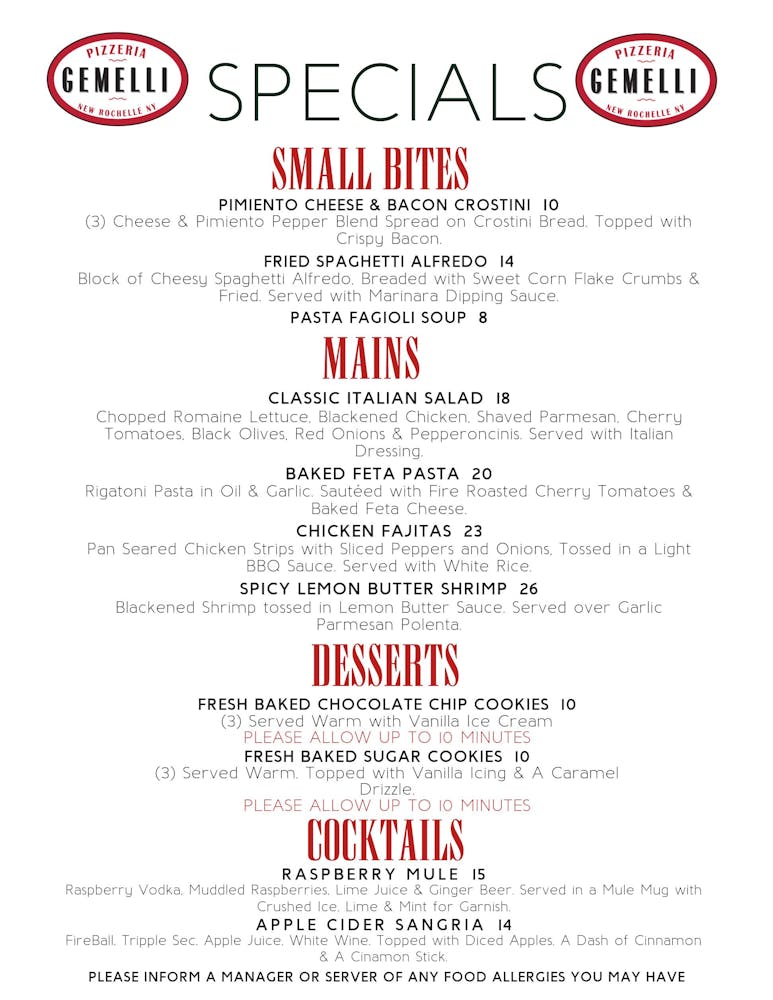 Menus | Gemelli Pizzeria in New Rochelle, NY