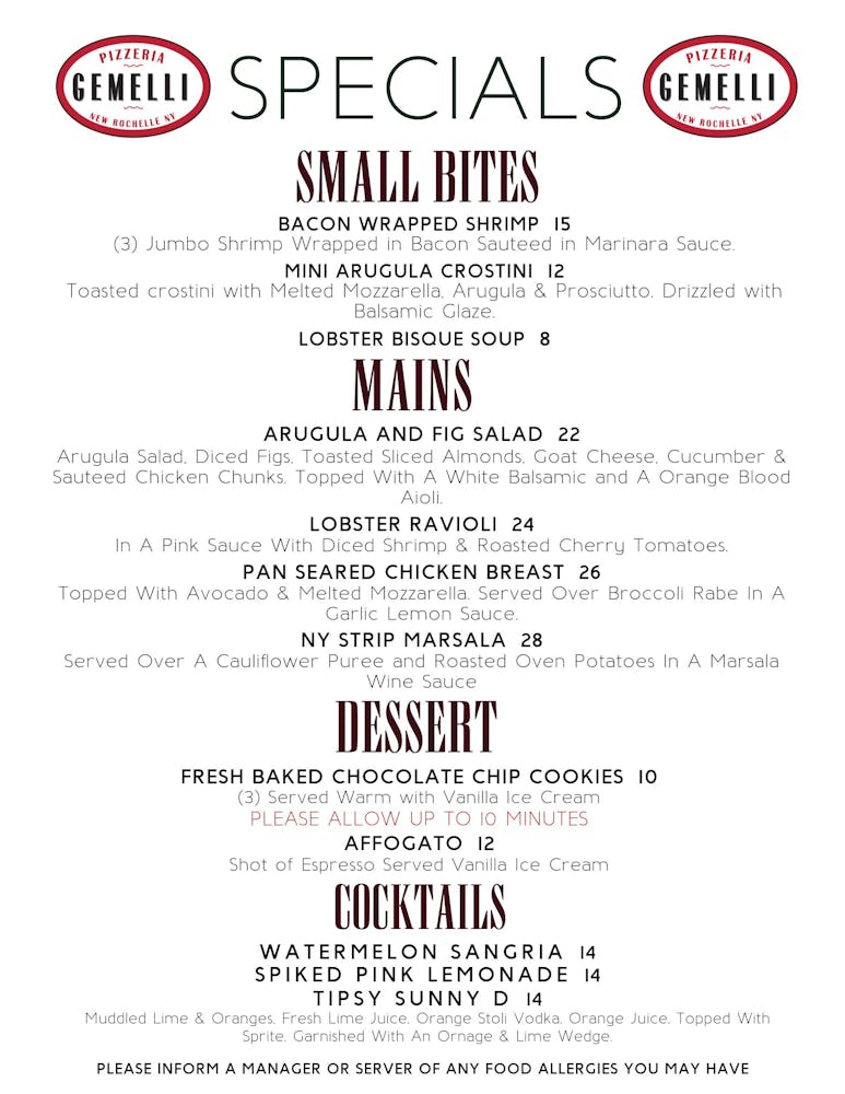 Menus | Gemelli Pizzeria in New Rochelle, NY