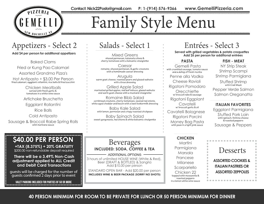 Menus | Gemelli Pizzeria in New Rochelle, NY