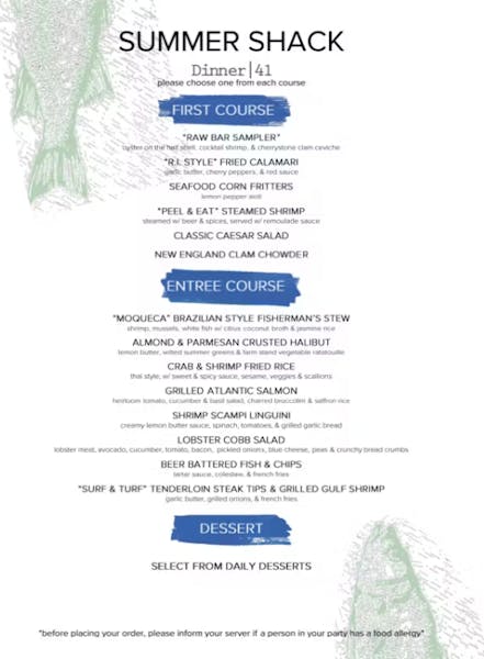 Summer Shack's Dine Out Boston Dinner Menu