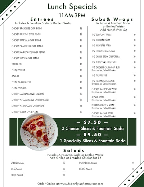 Lunch Specials | MonAlyssa Italian Restaurant and Pizzeria | Authentic ...