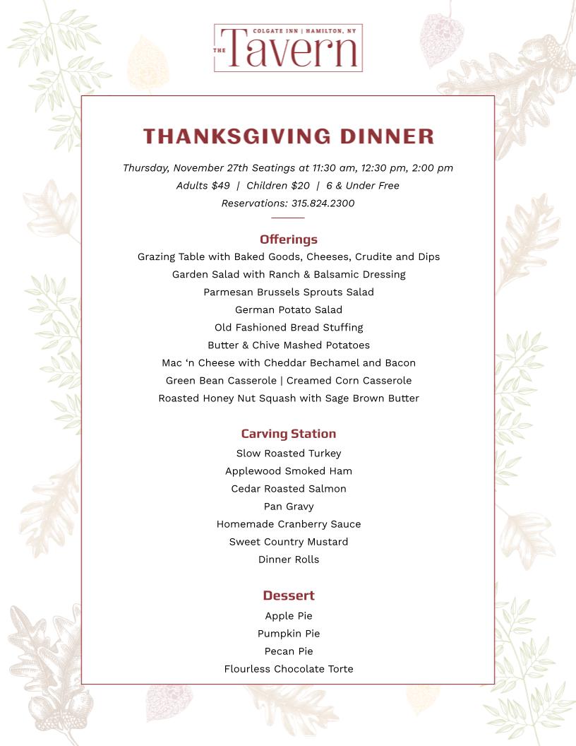 Thanksgiving at Colgate Inn | Thursday, November 28th | The Tavern at ...