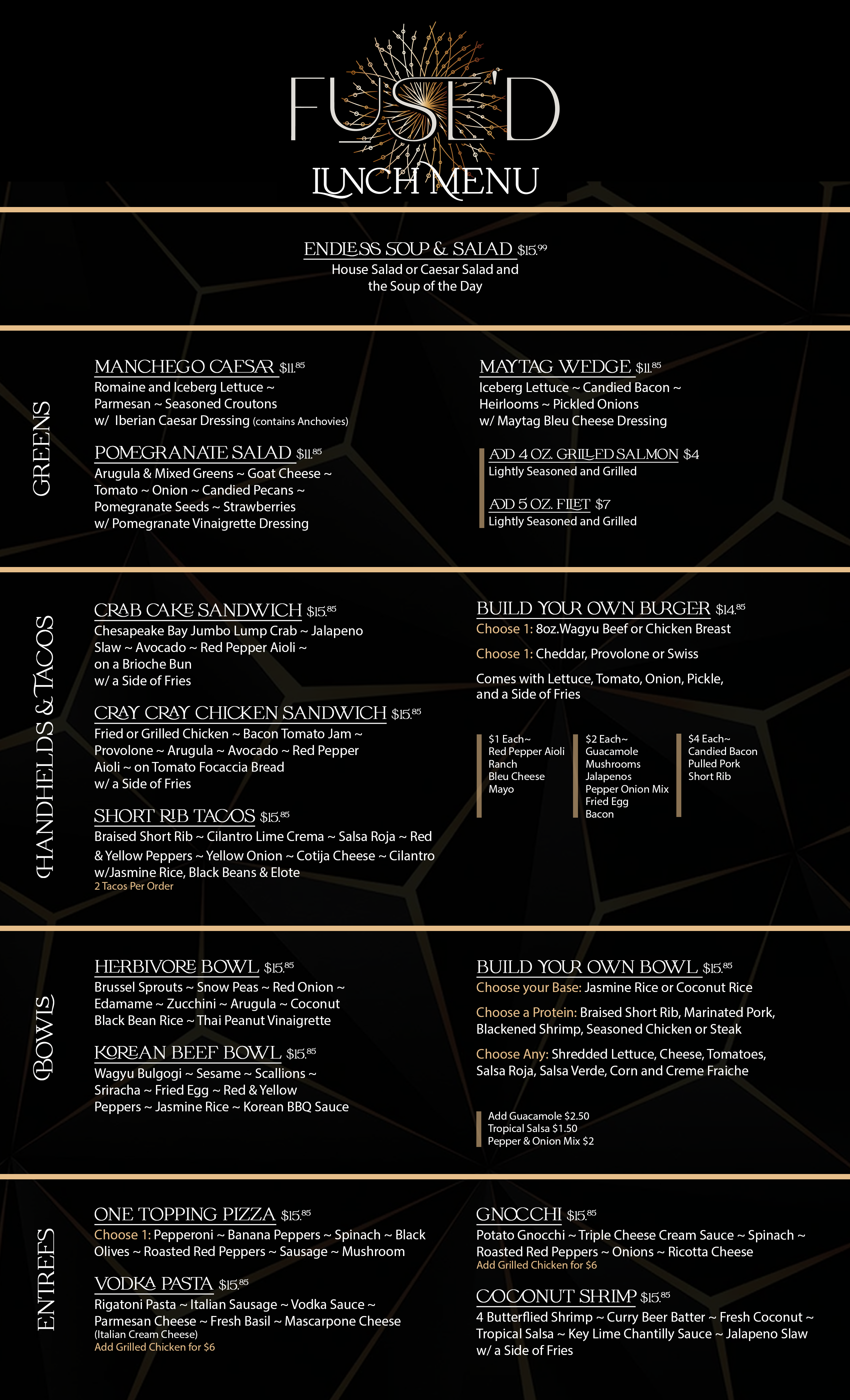 Food + Drink Menus | Fuse'd in Plainfield, IL