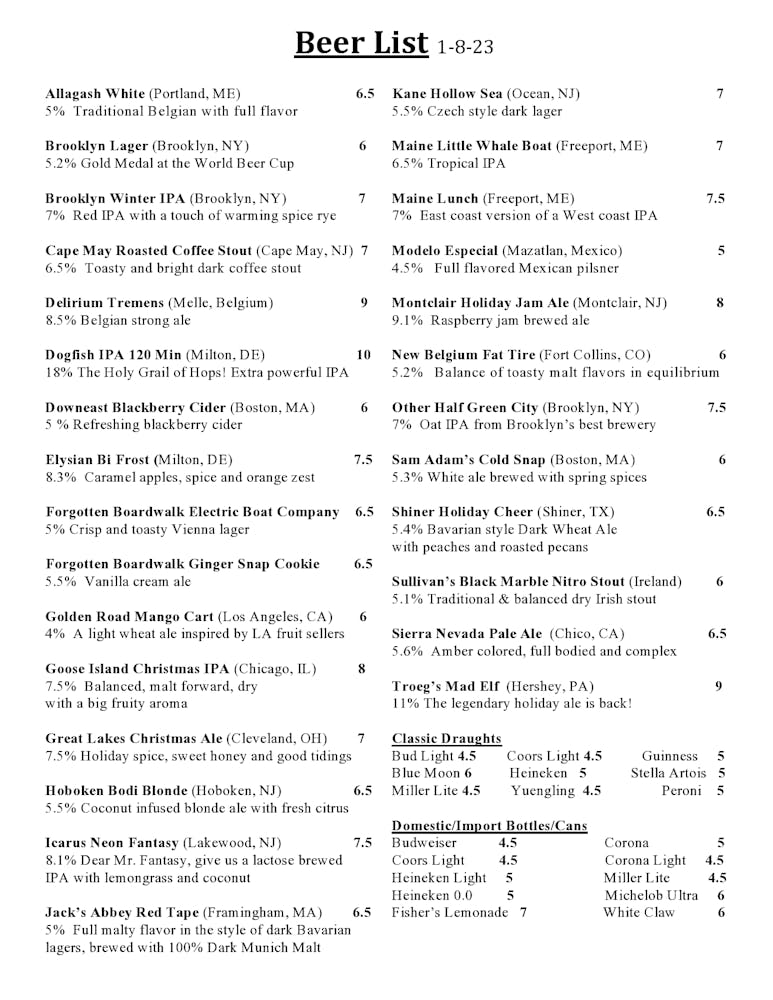 Menus | Verona Inn
