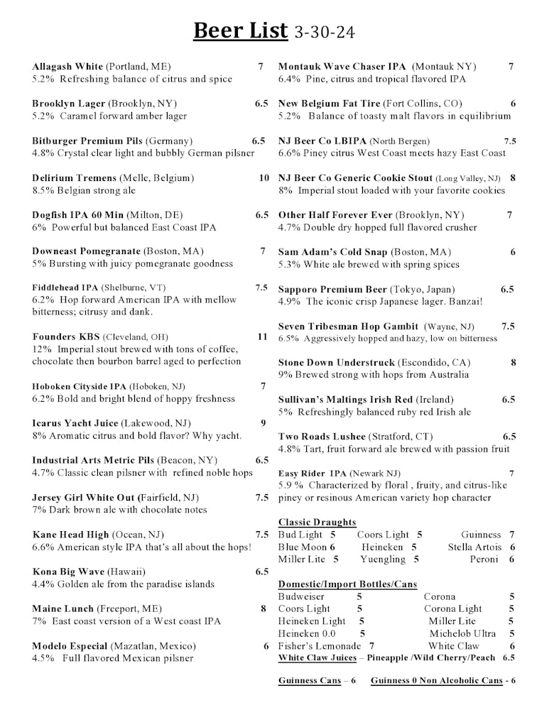 Menus | Verona Inn