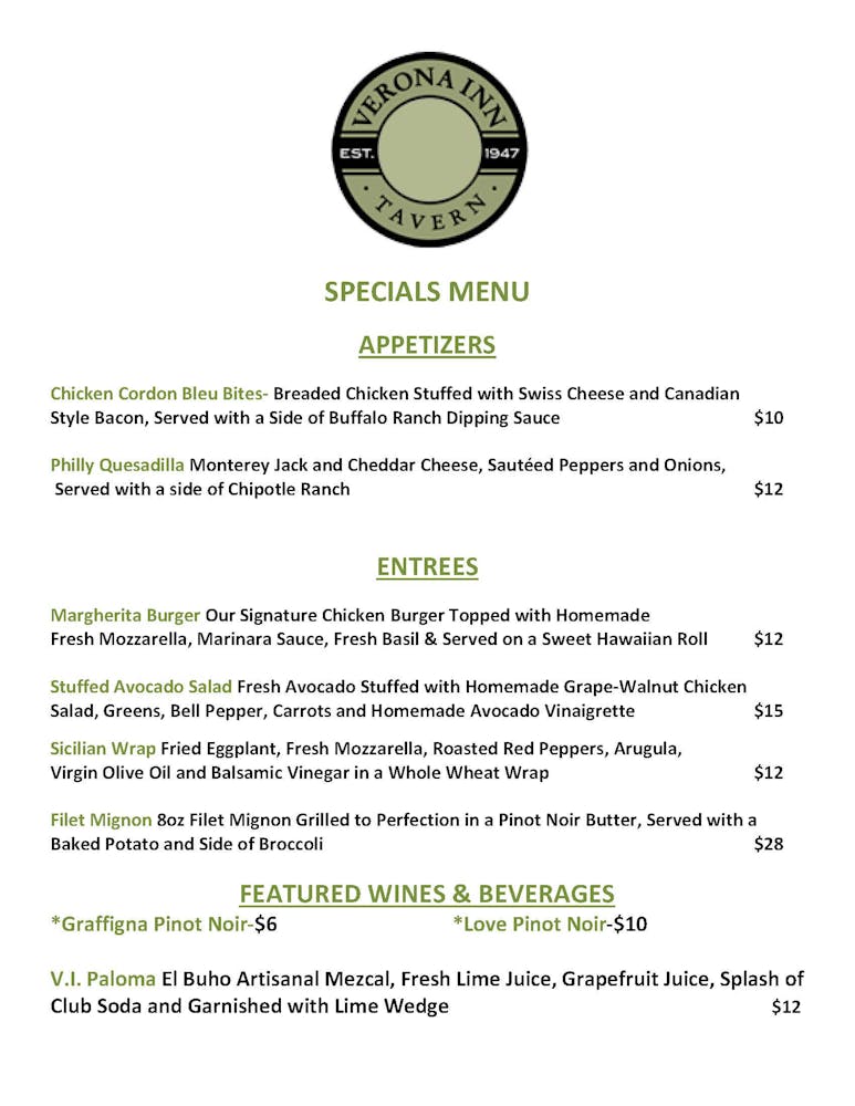 Menus | Verona Inn