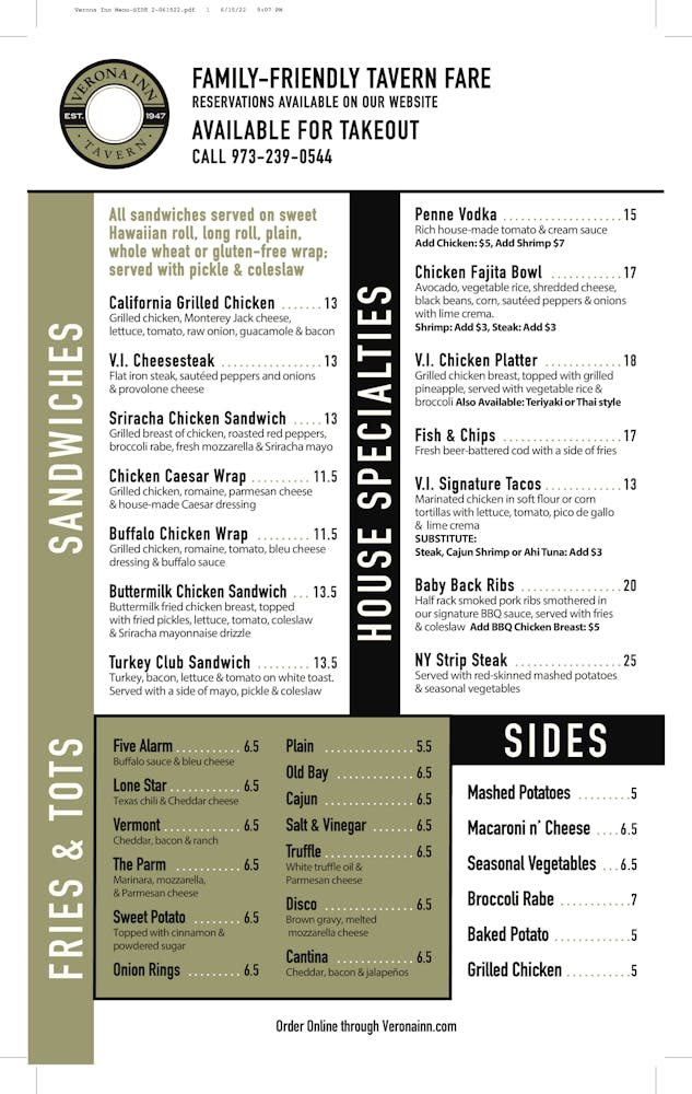 Menus | Verona Inn