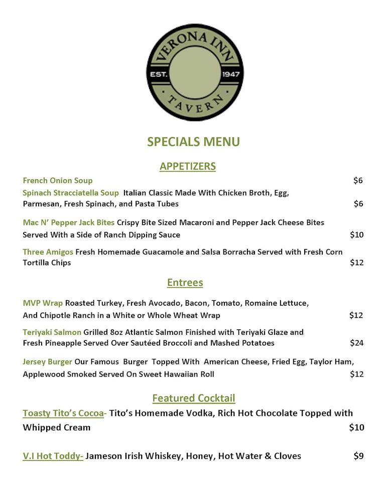 Menus | Verona Inn