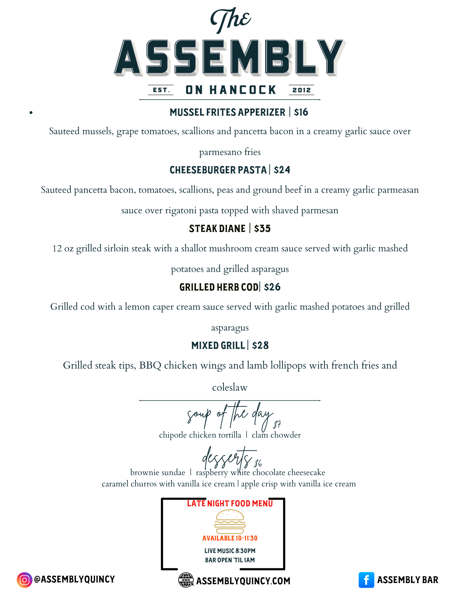 Menus | Assembly in Quincy, MA