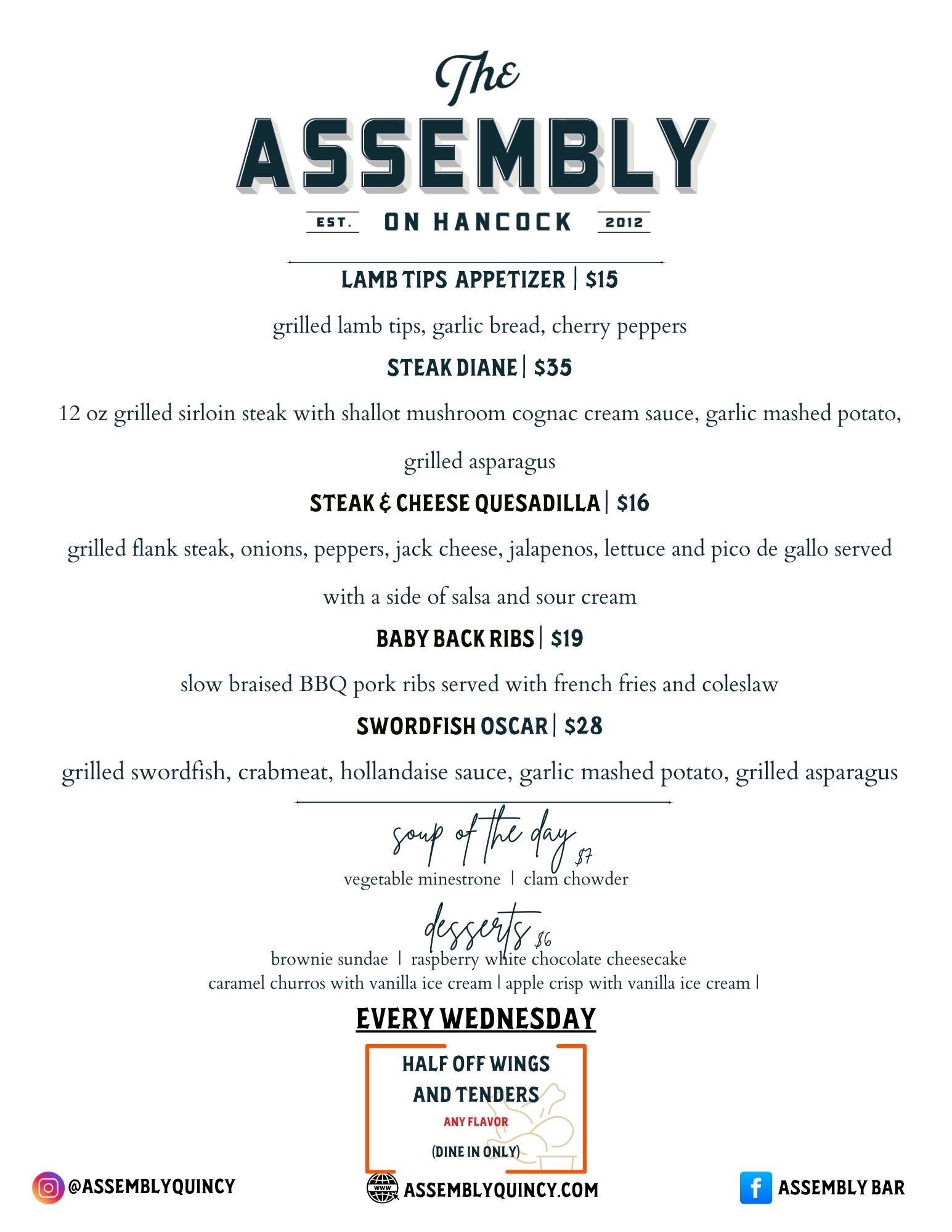 Menus | Assembly in Quincy, MA