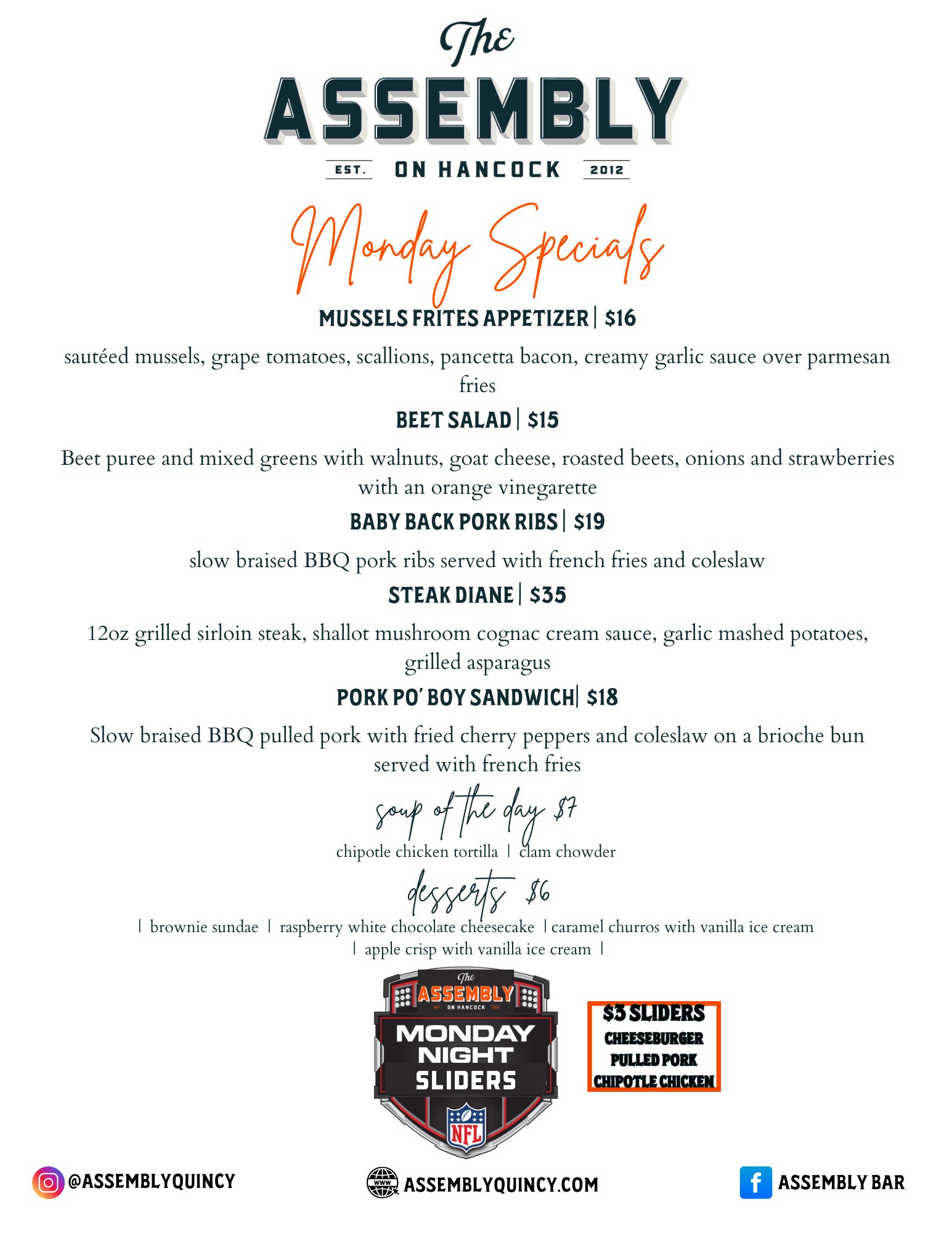 Menus | Assembly in Quincy, MA