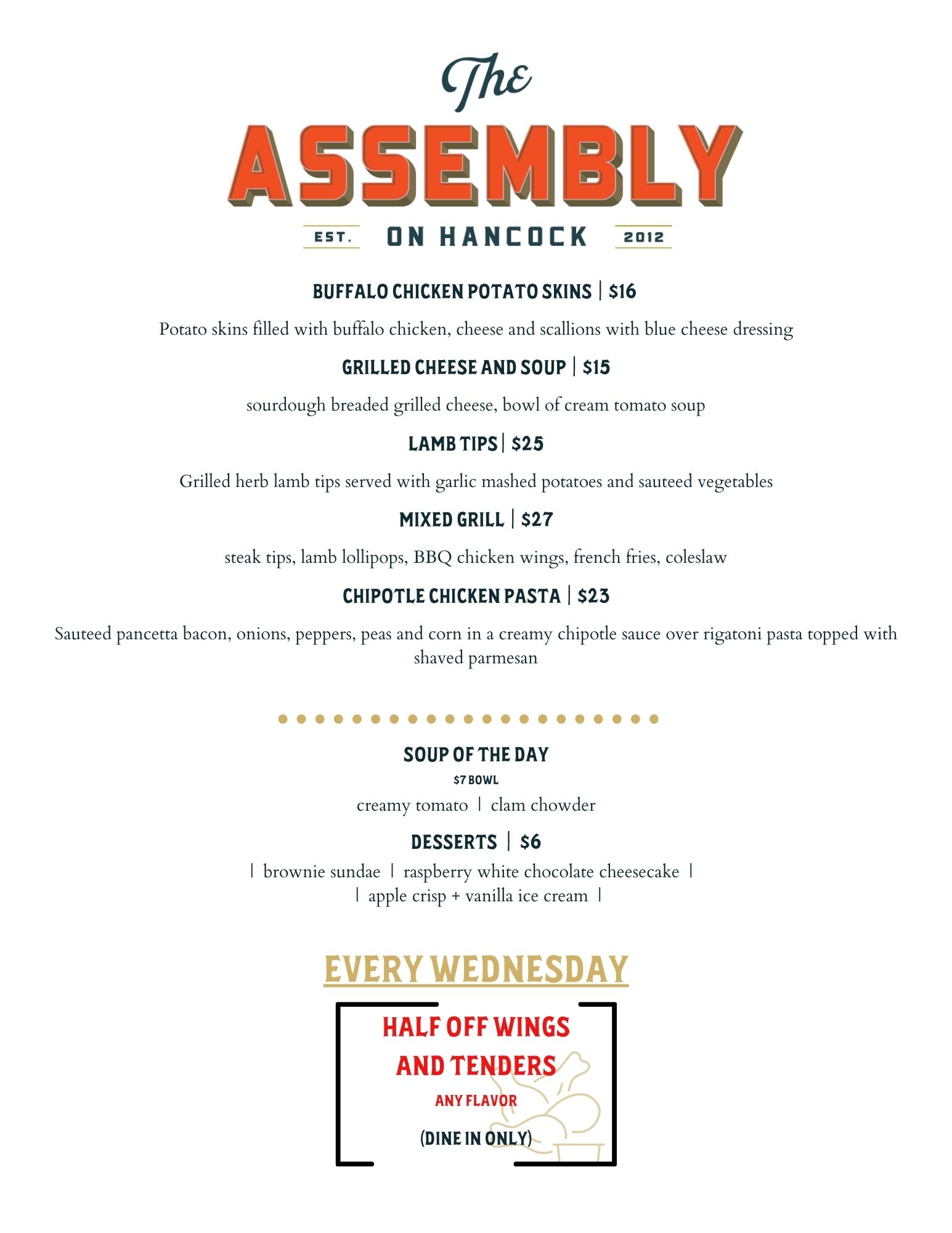 Menus | Assembly in Quincy, MA