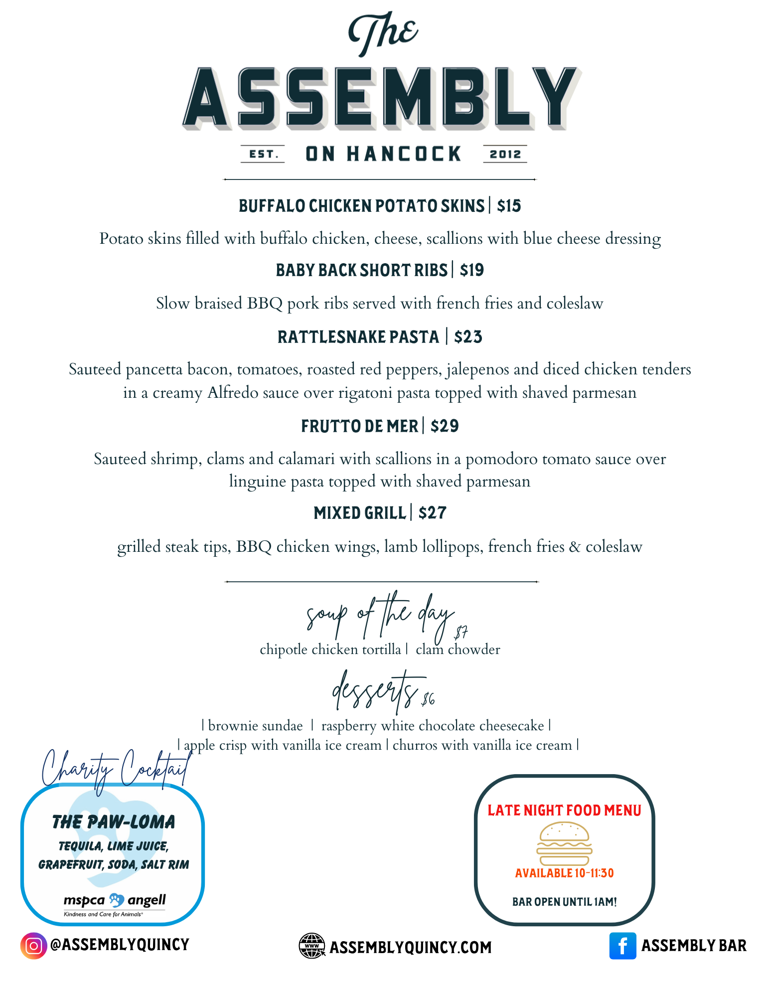 Menus | Assembly in Quincy, MA