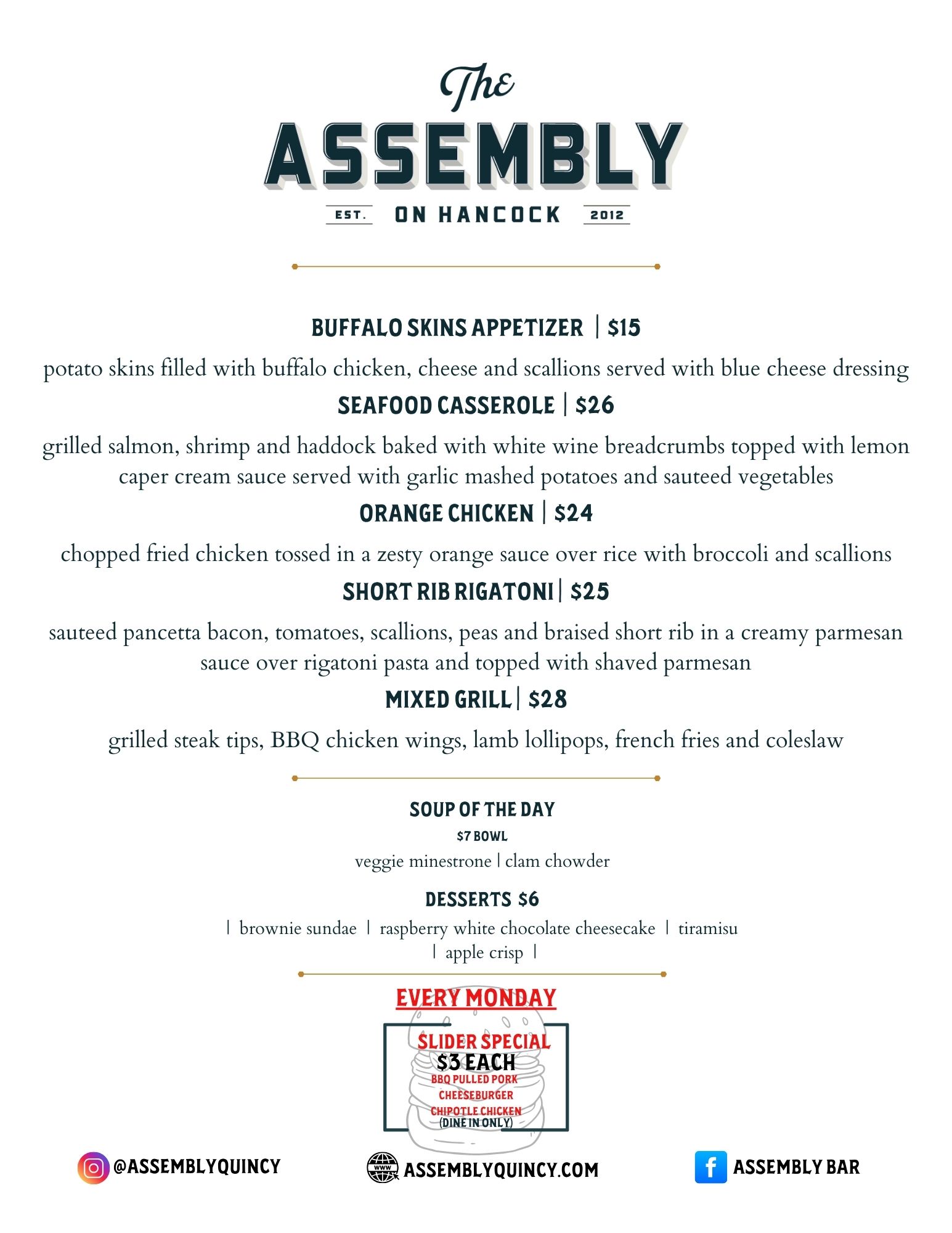 Menus | Assembly in Quincy, MA