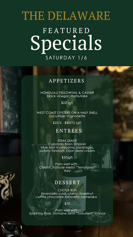 Menus | The Delaware in Albany, NY