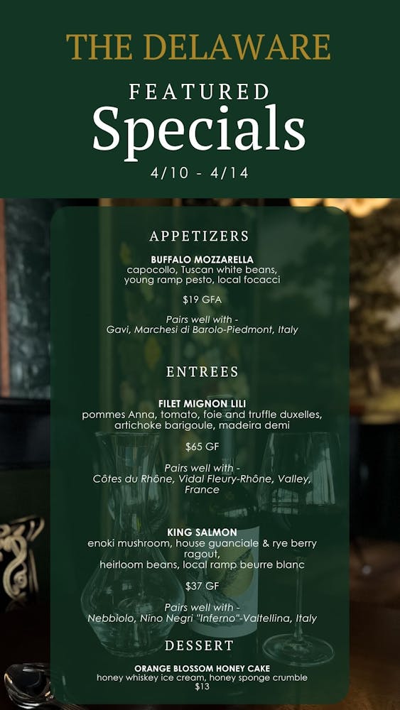 Menus | The Delaware in Albany, NY