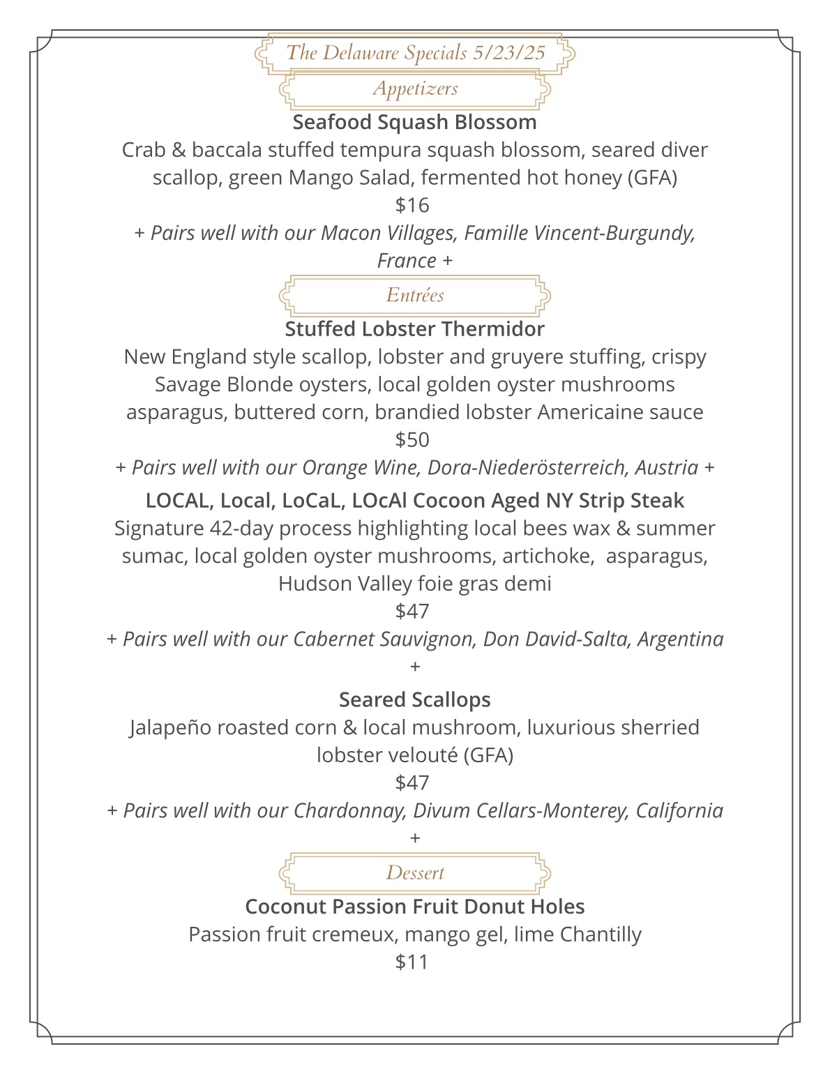 Menus | The Delaware in Albany, NY