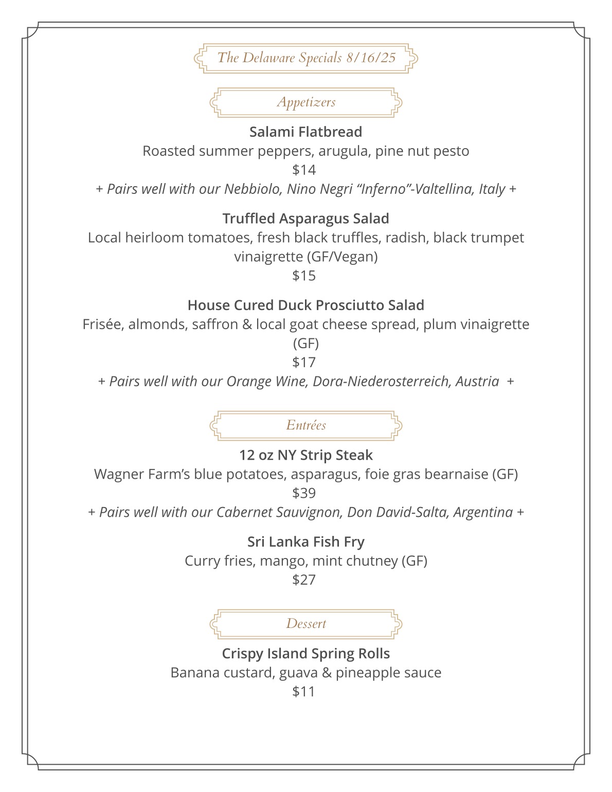 Menus | The Delaware in Albany, NY