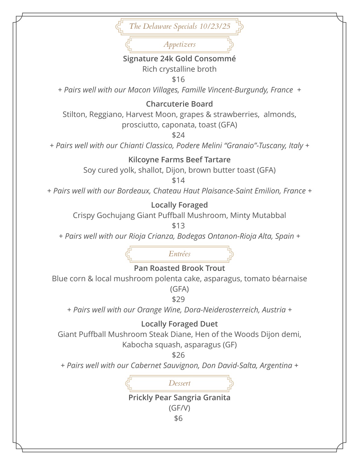 Menus | The Delaware in Albany, NY