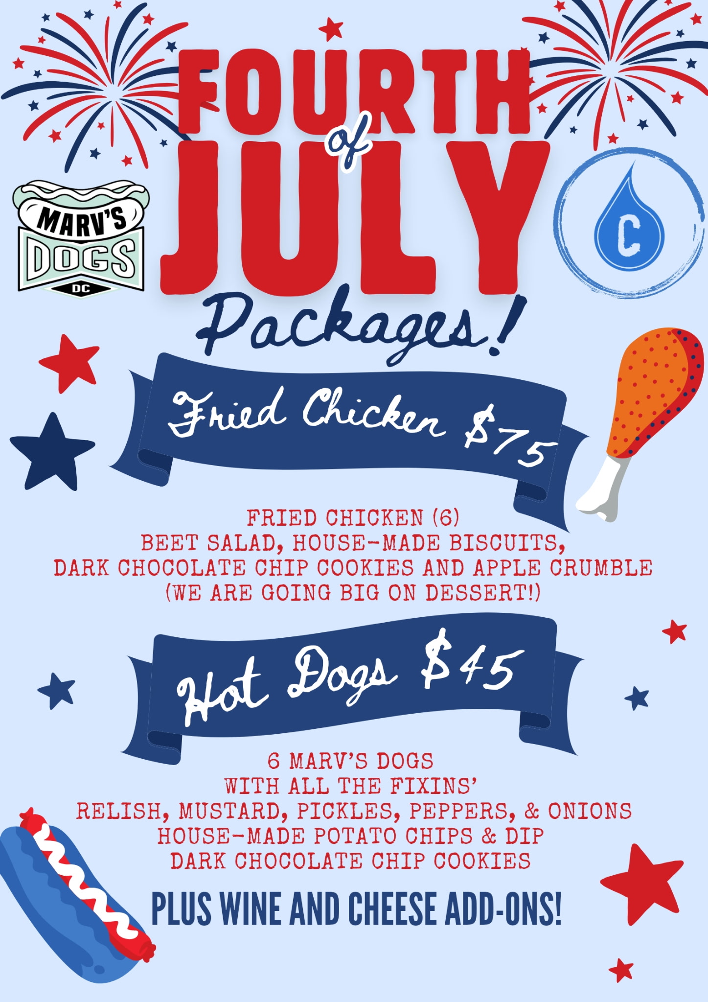 4th of July Fried Chicken Bucket & Hot Dog Kit | Cork Wine Bar | Wine ...